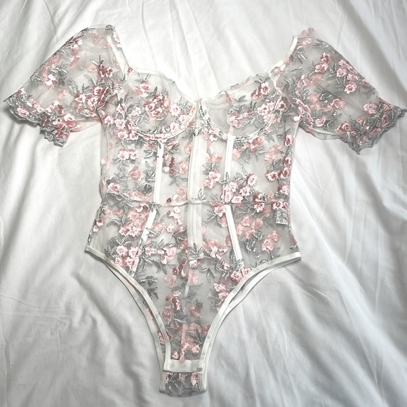 Tops | Transparent Body Suit With Pink And Silver Floral Embroidery ...